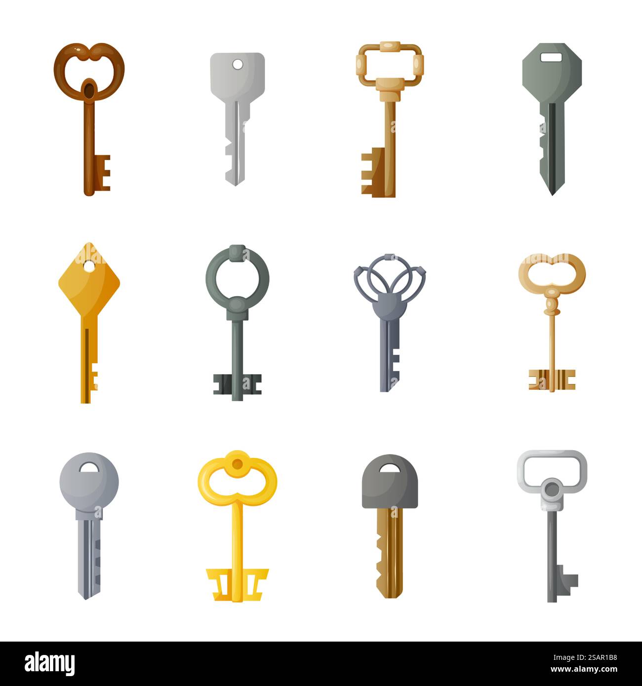 Cartoon keys. Ancient and modern retro magic metal latchkeys. Treasure ...