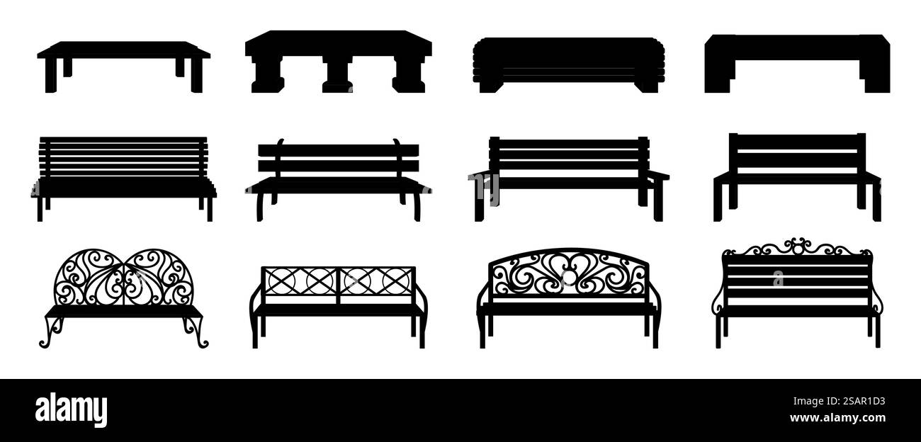 Bench silhouette. Black wooden and wicker street chair. Isolated park ...