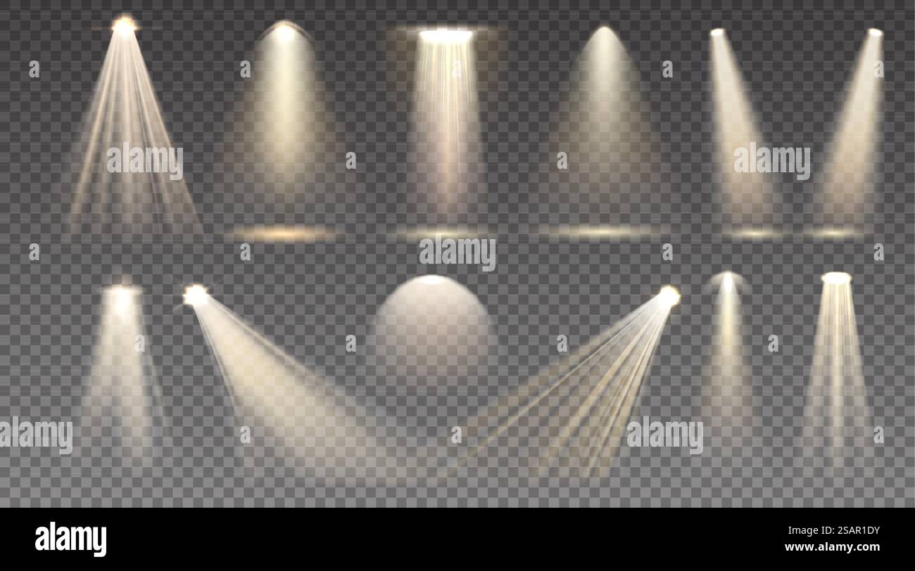 Light beam. Realistic scene and stage shiny spotlight. Isolated golden ...