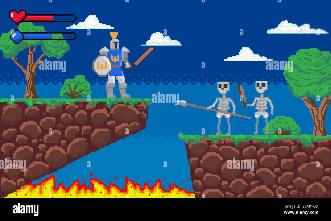 Pixel game. Platform 8-bit video gaming screen with retro gameplay ...