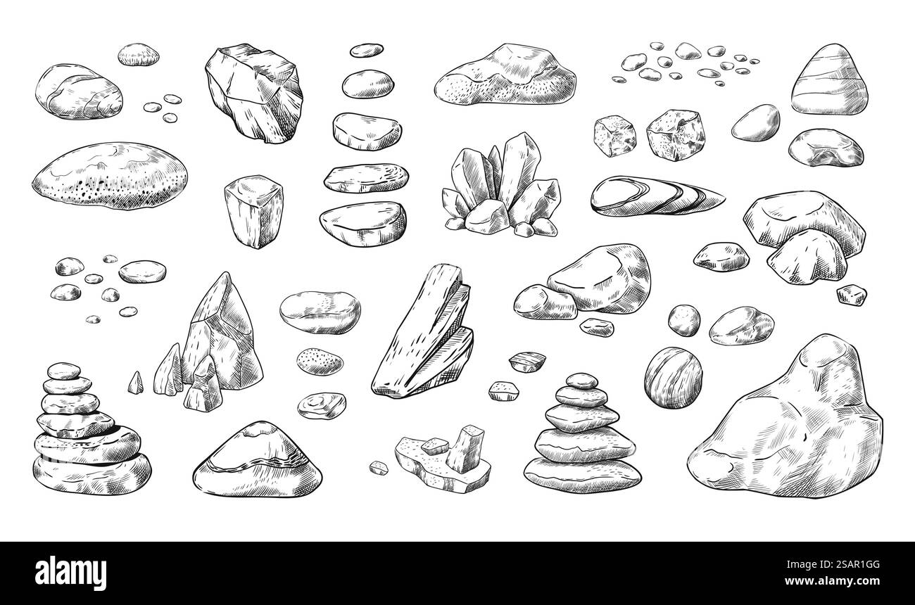 Hand drawn rocks. Gravel stones and boulders sketch. Vintage outline ...