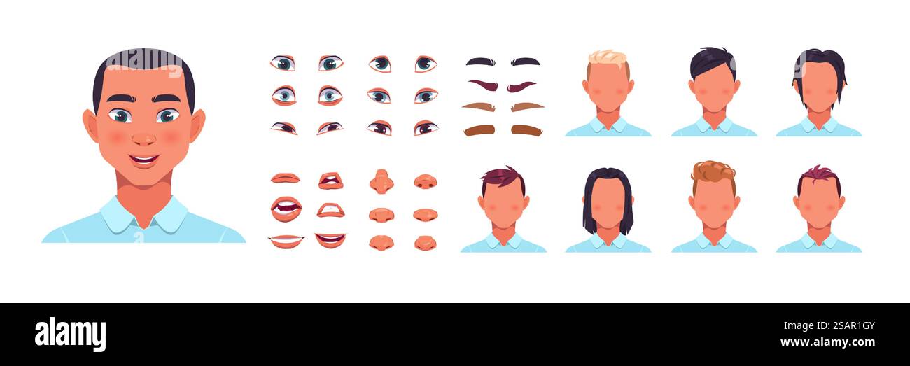 Man face kit. Male character avatar constructor kit with hair, nose and ...