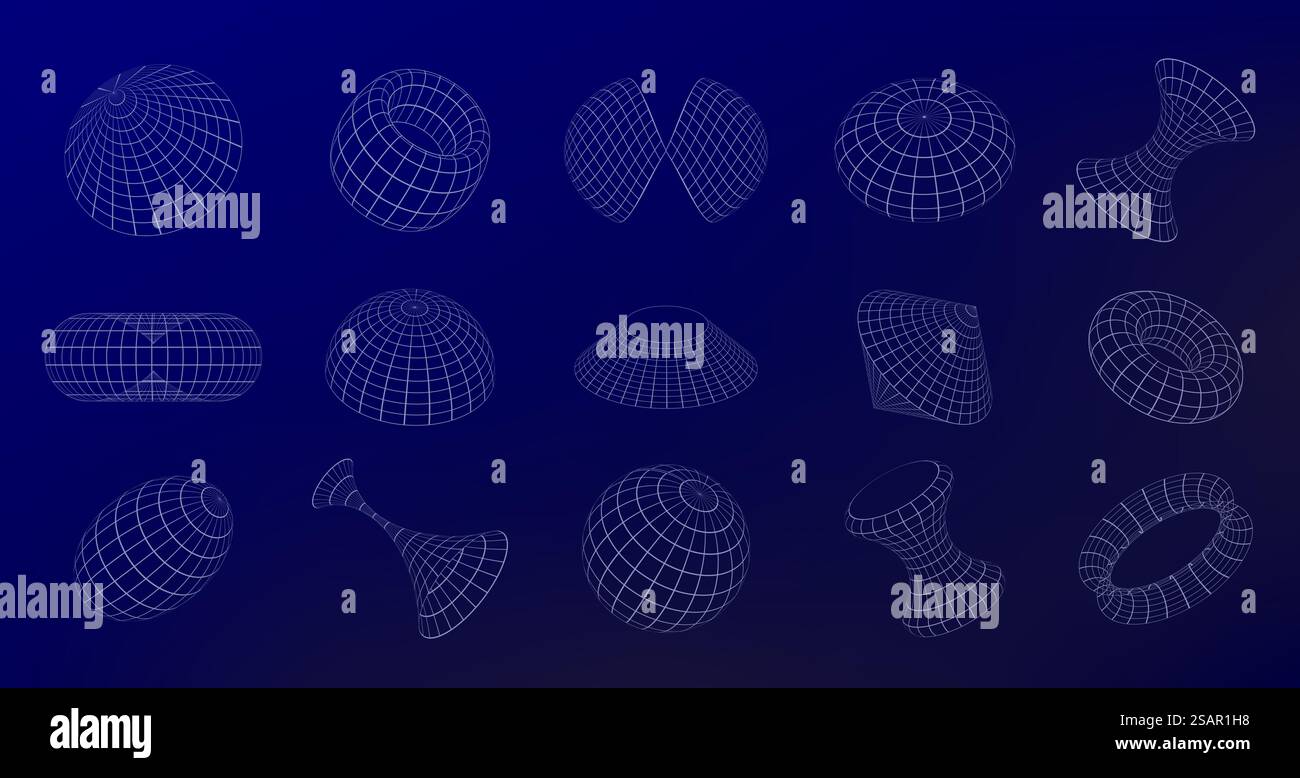 Wireframe Geometric Shapes. Grid retrofuturistic shapes arranged in perspective with sense of ...