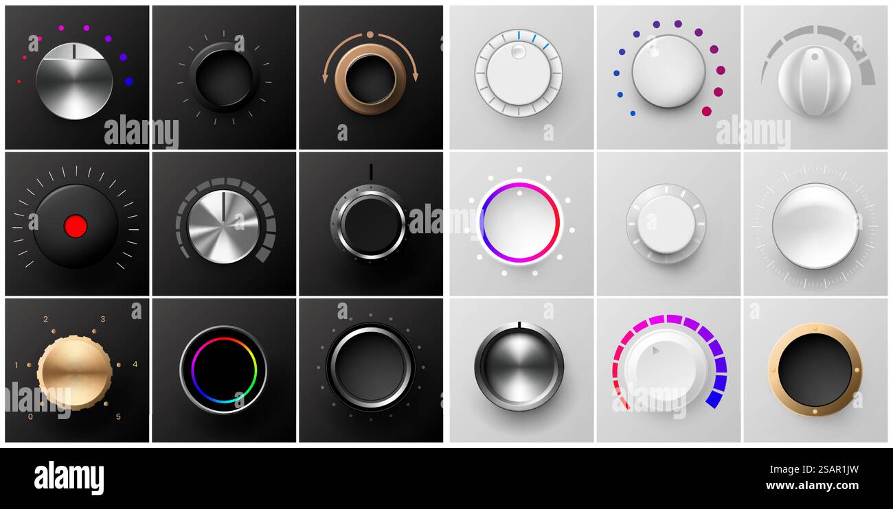 Realistic volume dial. Metal and plastic radio knob. Black and white ...