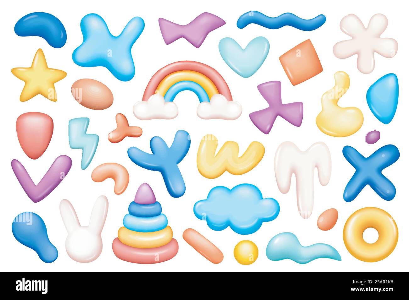 Cute childish symbols mega set in 3d realistic design. Bundle elements of heart, rainbow, star ...