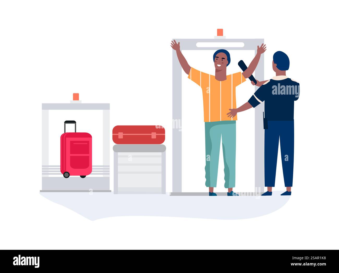 Airport security. Cartoon airline employee checking passenger waving ...