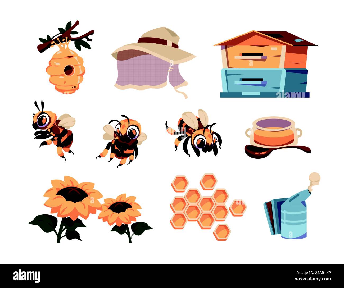 Honey bee. Cartoon cute insect mascot with hive. Apiary elements ...