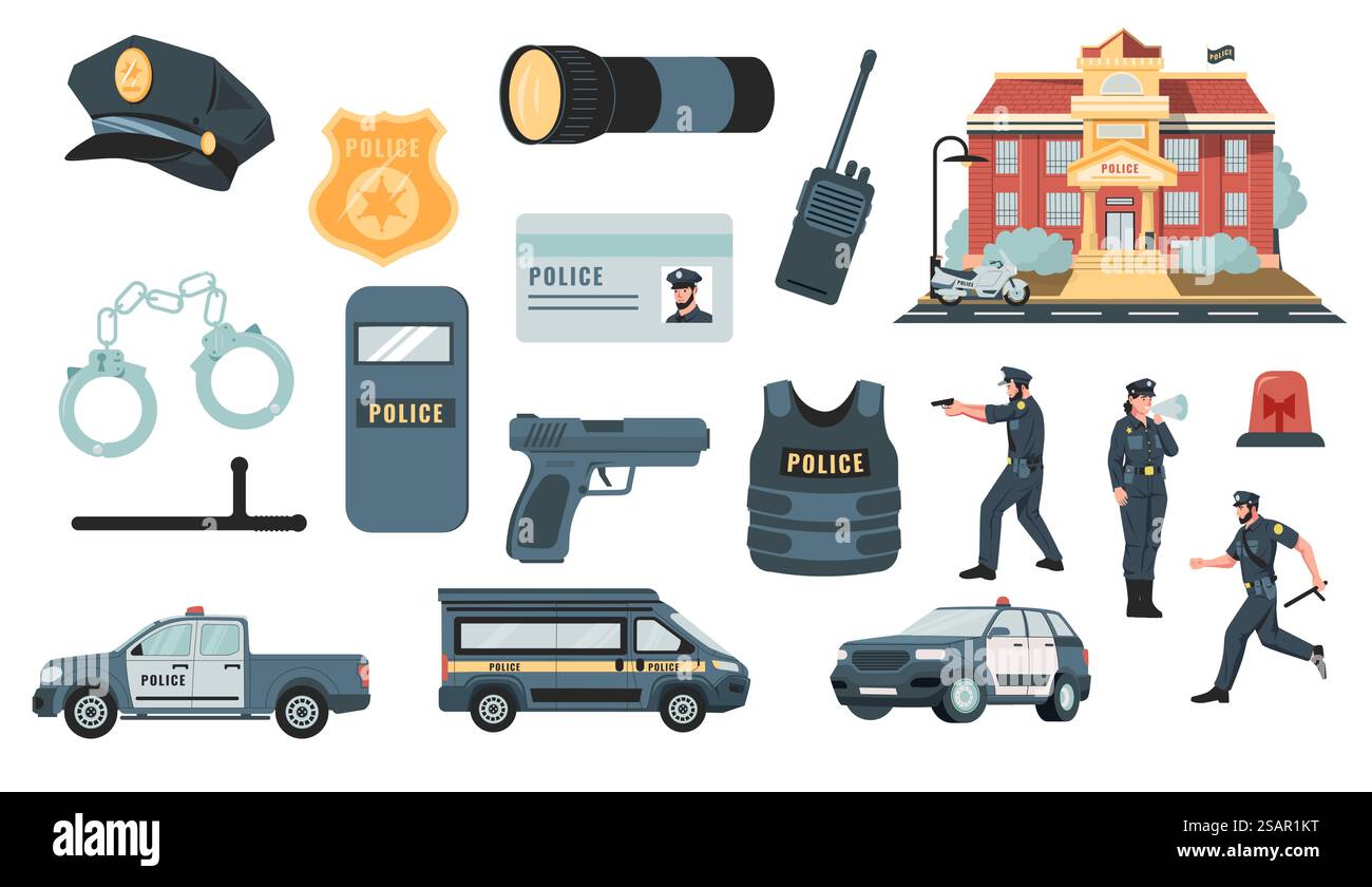 Police equipment. Policeman bulletproof vest badge car handgun ...