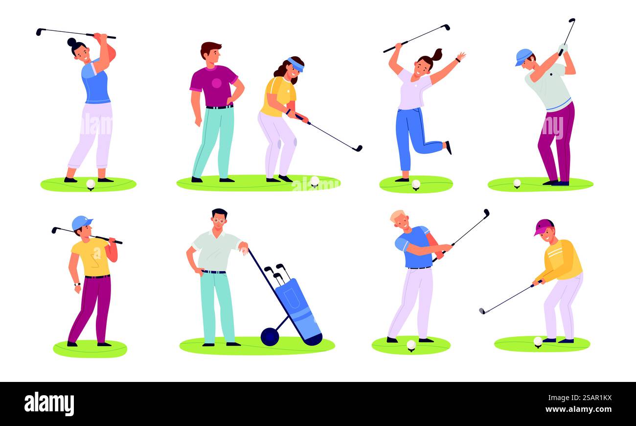 Golf players people. Male and female golfers, sportive characters, club ...
