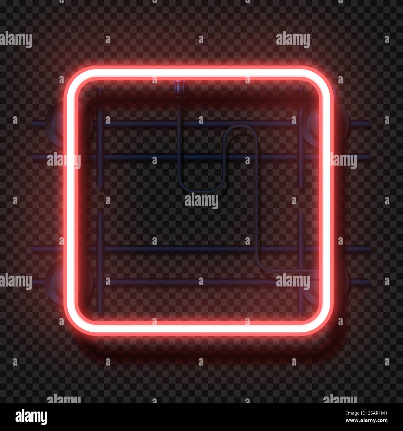 Rectangle neon lamp. Realistic square fluorescent light. 3D retro geometric glowing signboard ...