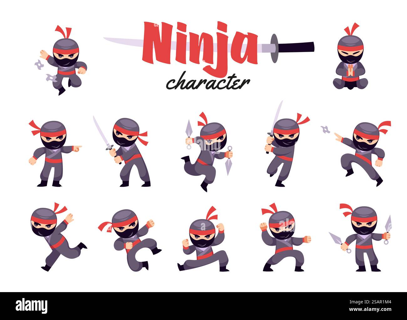 Cartoon ninja character. Japanese warrior in dark suit and mask ...