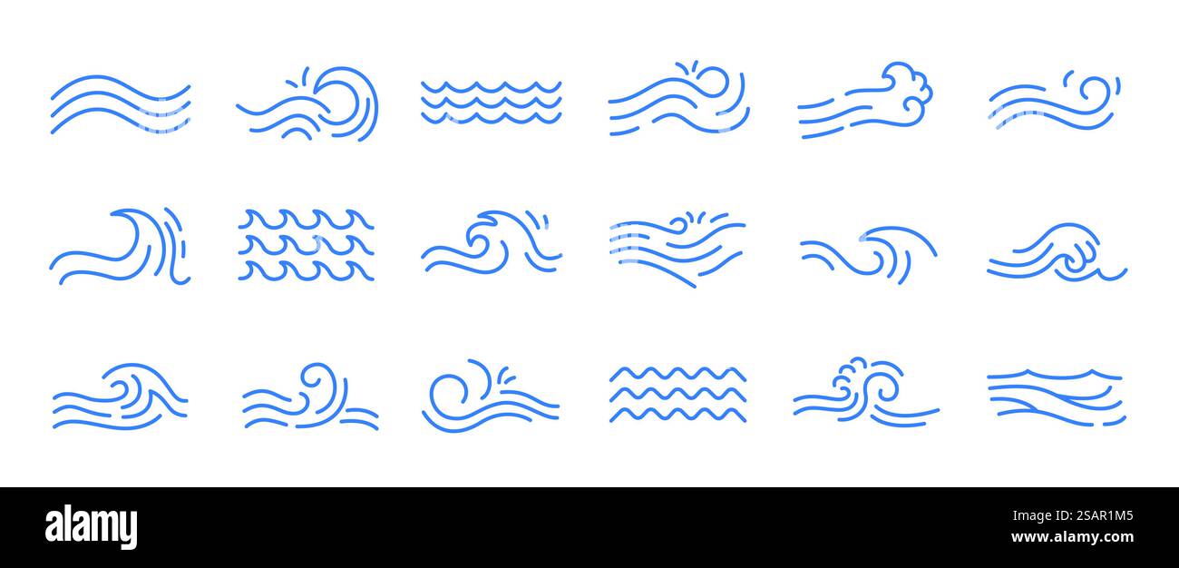 Water wave line icons. Flowing river water and sea wave marks, outline ...