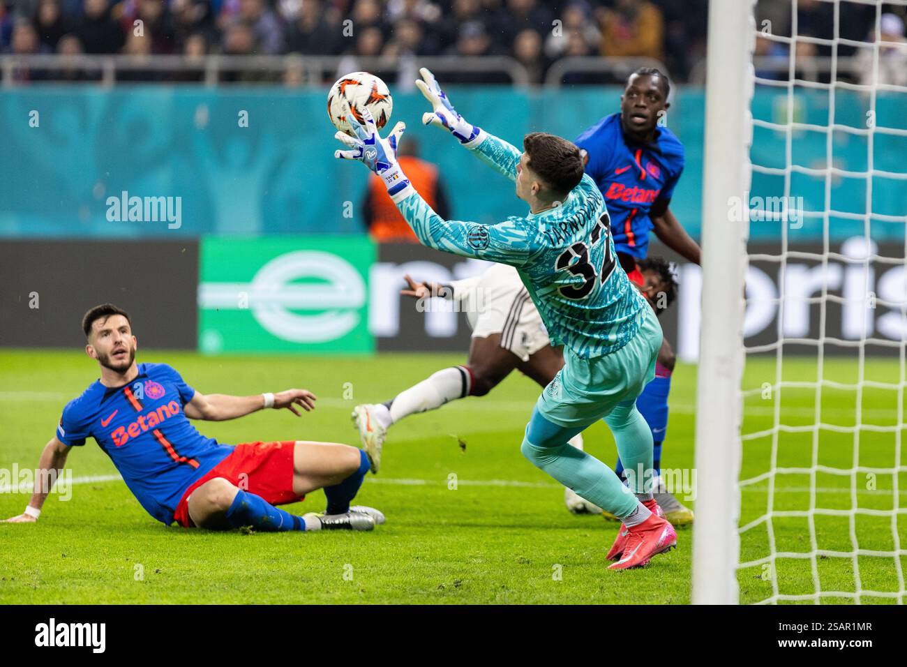 Stefan Tarnovanu of FCSB saving a ball during the UEFA Europa League ...