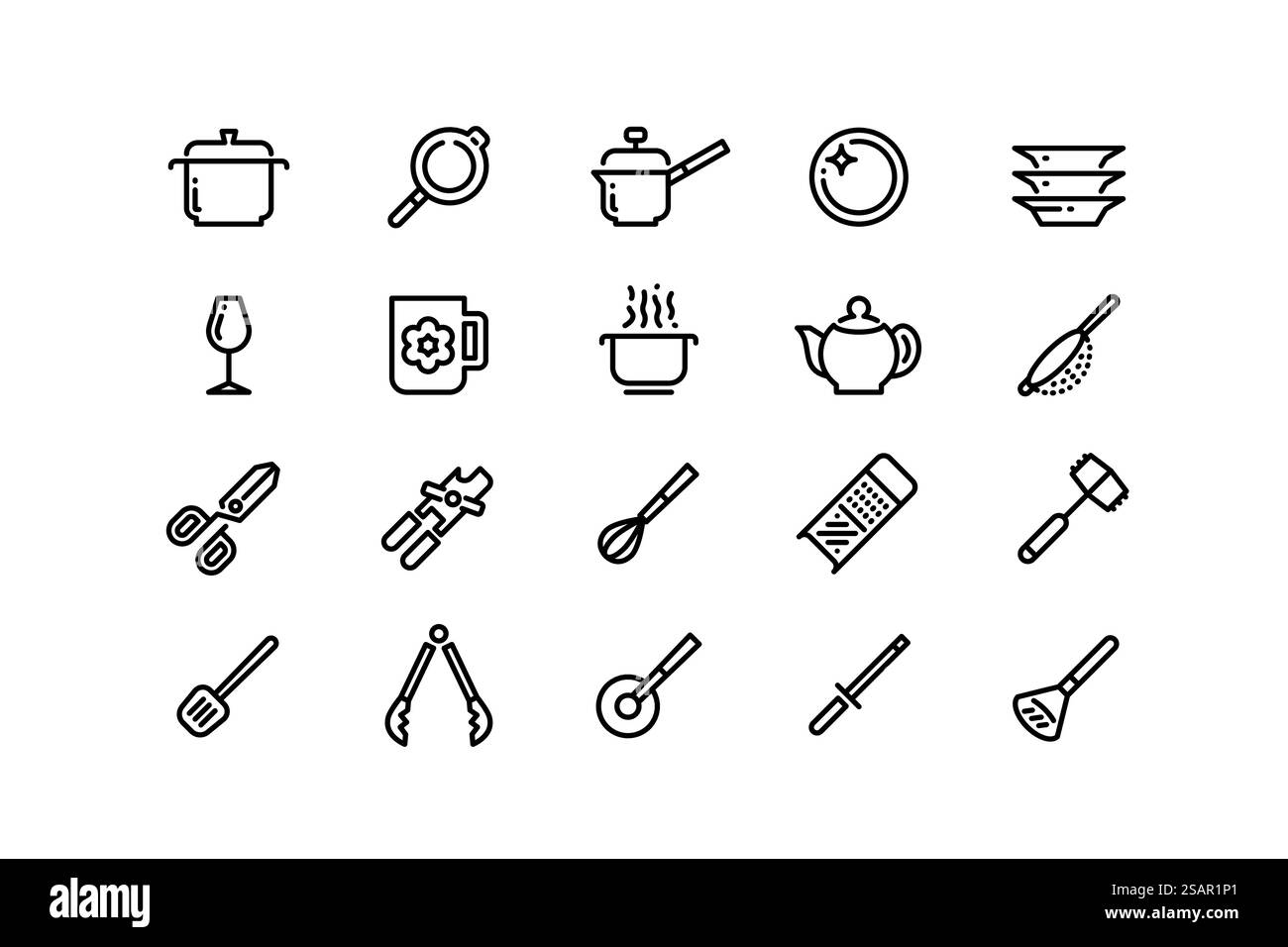 Kitchenware line icons. Clean dishes cooking pot frying pan grater ...