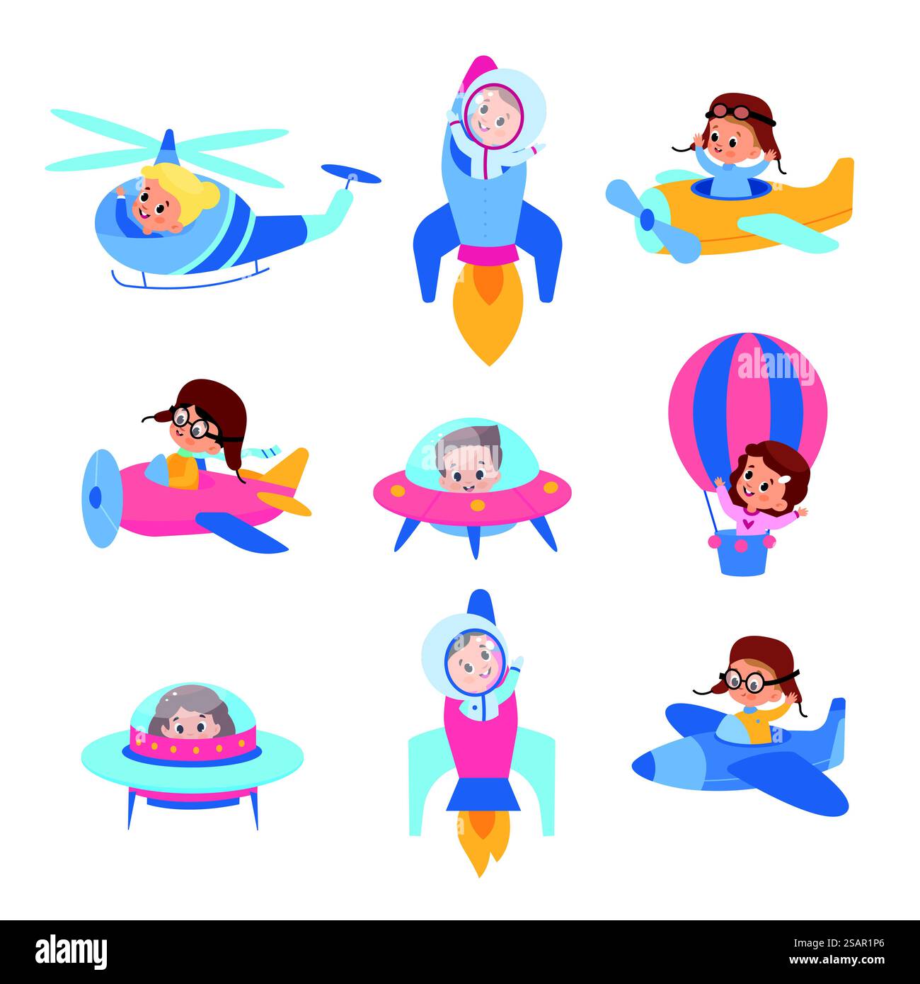 Kids in air transport. Happy children fly in airplanes, rockets and ...
