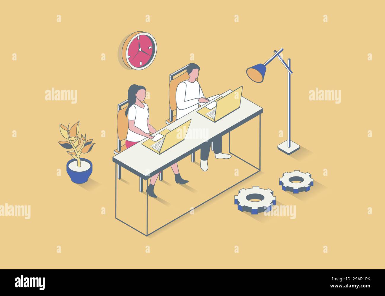 Coworking space concept in 3d isometric design. Colleagues work with ...