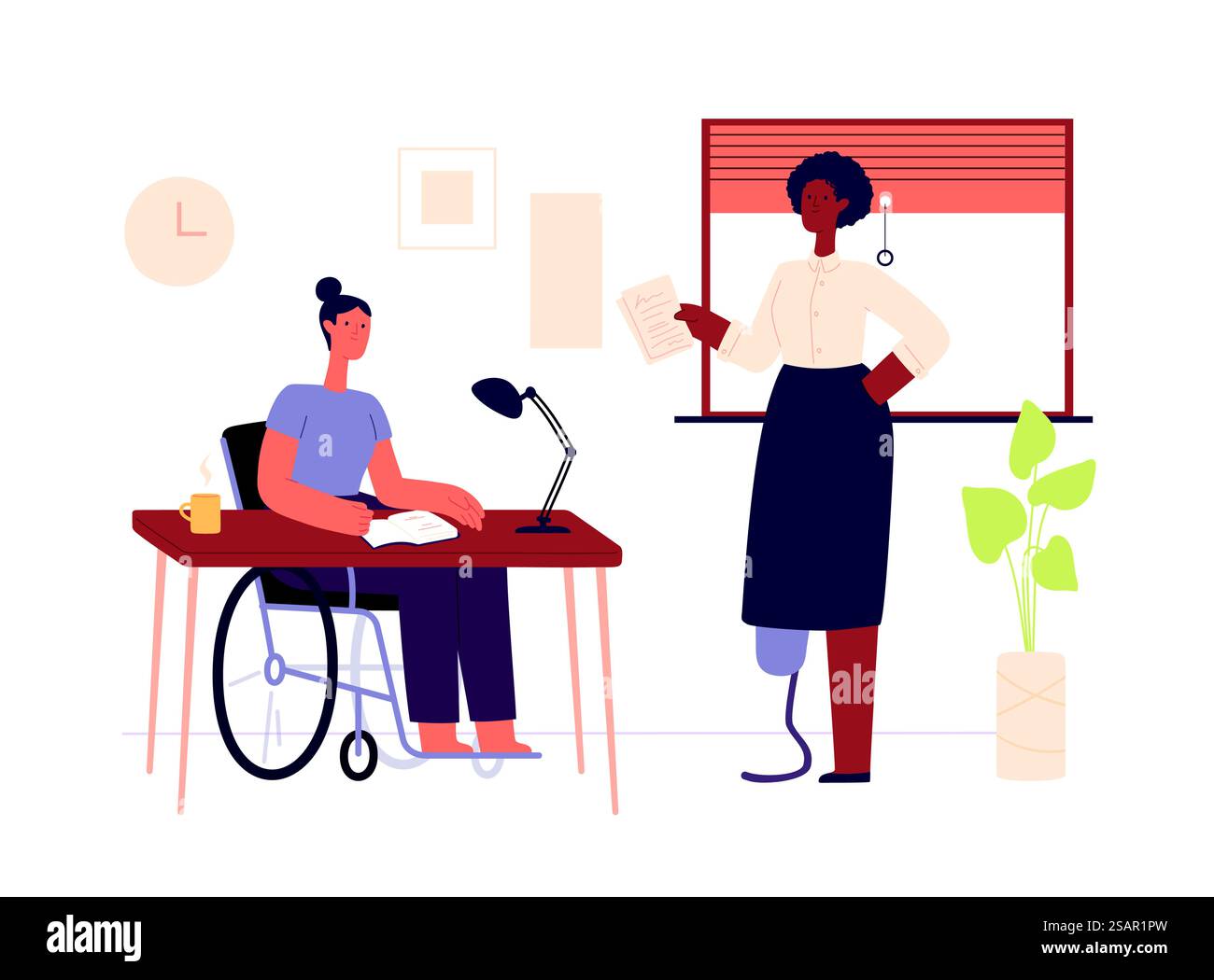Disabled women working in the office room. Vector woman disabled ...