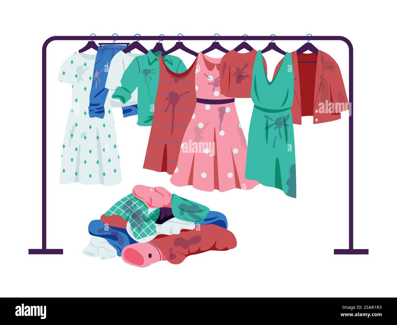 Hanging dirty clothes. Clothes hanger with different outfits, fashion ...
