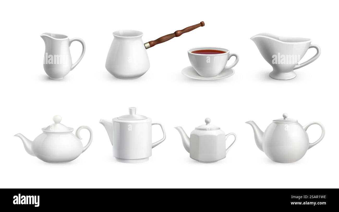 Realistic tea crockery. White porcelain tableware. Isolated ceramic ...