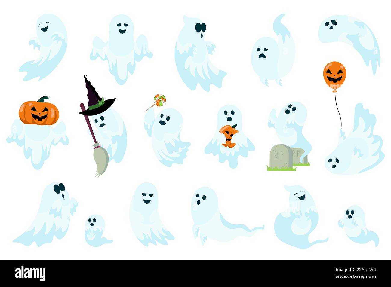 Cute ghosts mega set elements in flat design. Bundle of spooky ...