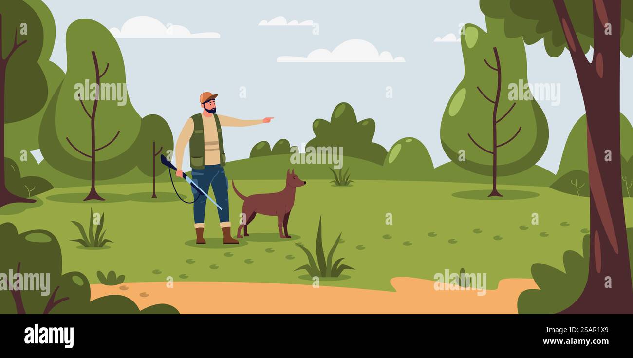 Hunting illustration. Cartoon hunter holding gun and aiming at target ...