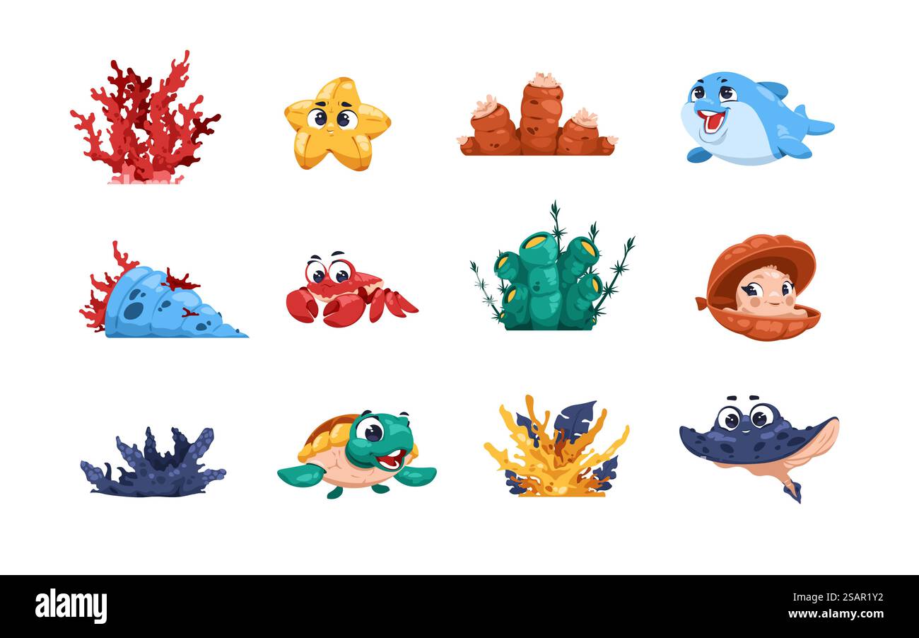 Cartoon fish and seaweed. Green underwater algae, ocean and aquarium ...