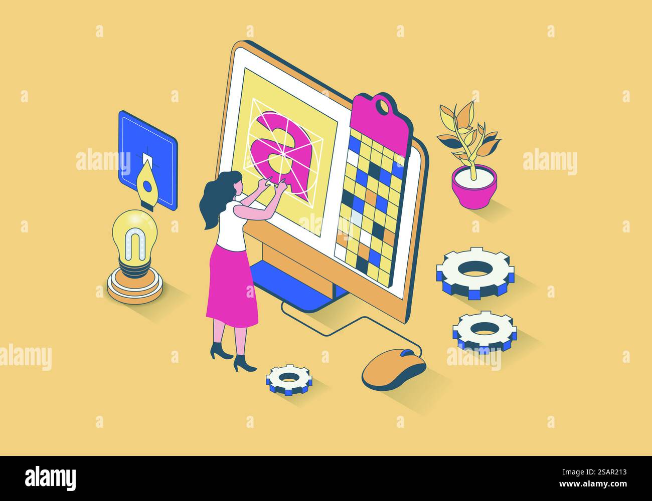 Design studio concept in 3d isometric design. Woman creating logo for ...