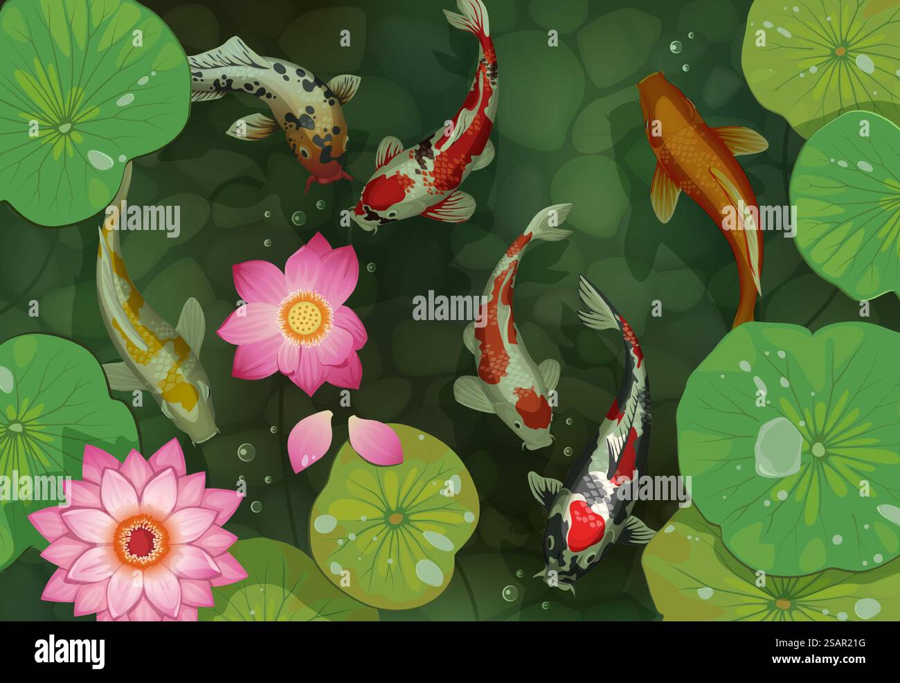Golden carp background. Oriental traditional pond with koi fish and ...