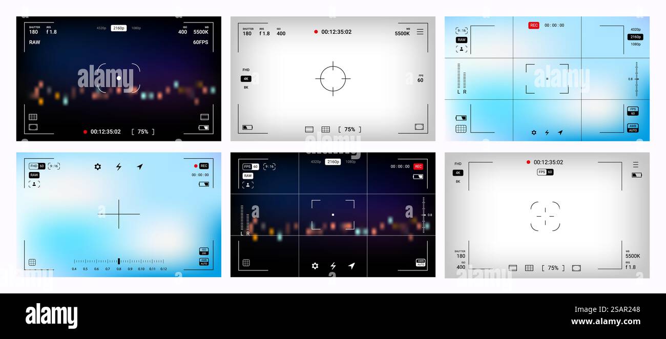 Viewfinder frame. Photography focusing screen with interface icons. Digital video record display ...