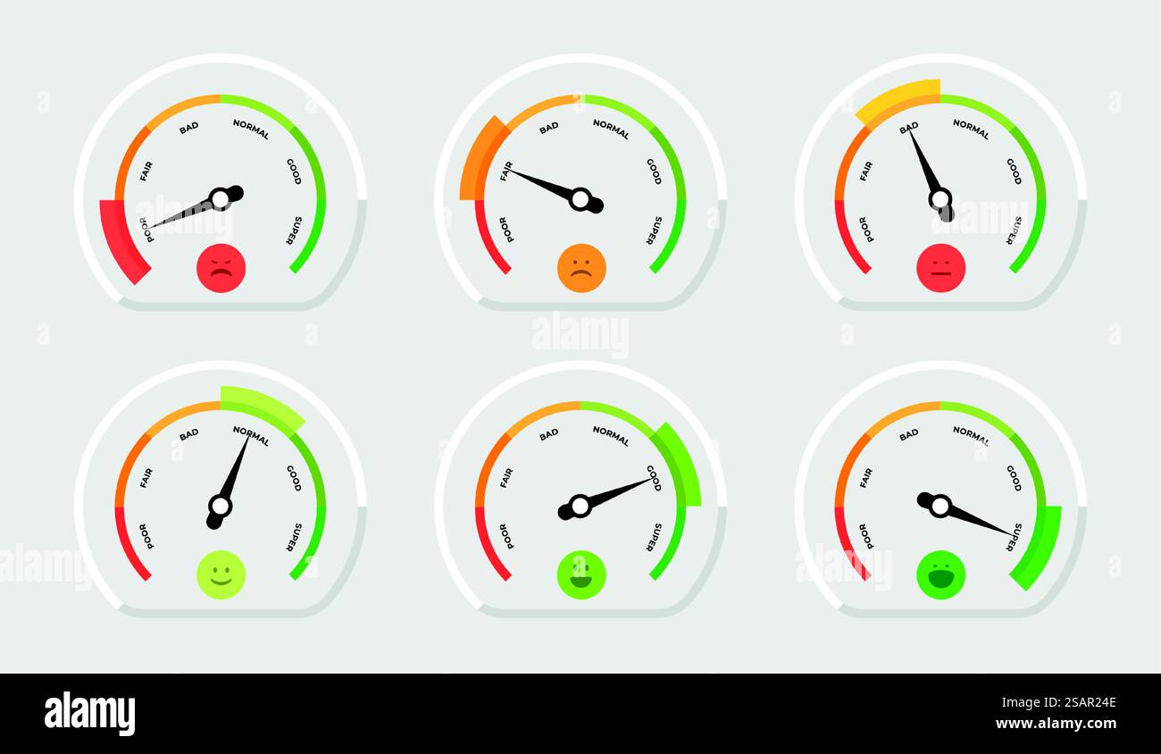 Rating meter UI. Speedometer and tachometer gauge diagram with arrow ...