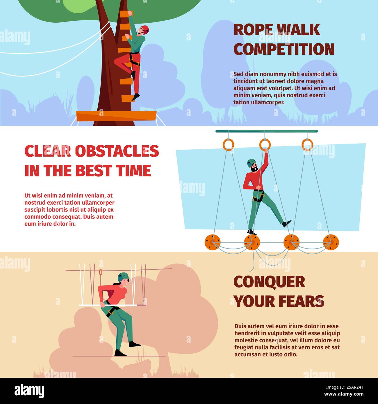 Rope park banners. Active attractions for kids and adults climbing ...