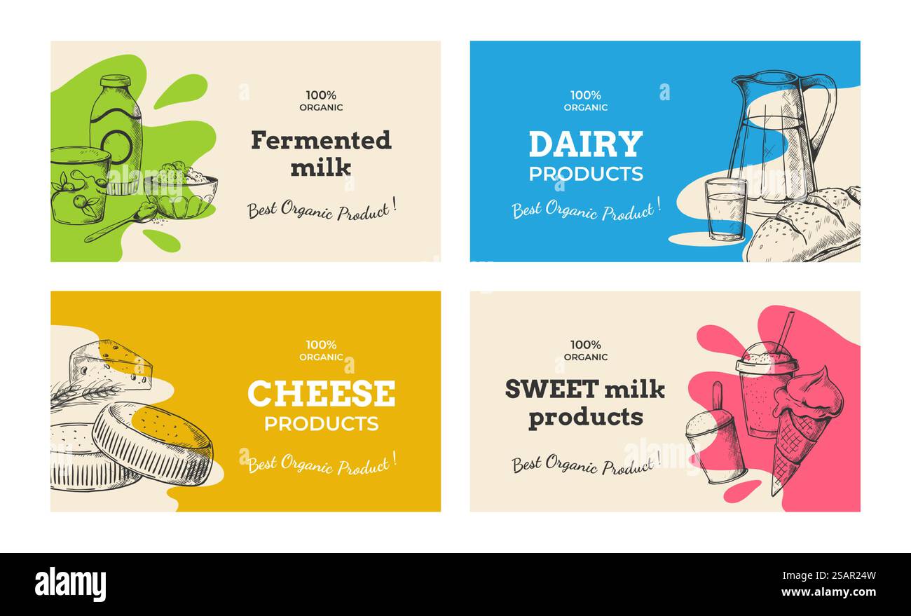 Dairy food poster. Hand drawn milk products label. Organic farm meal ...