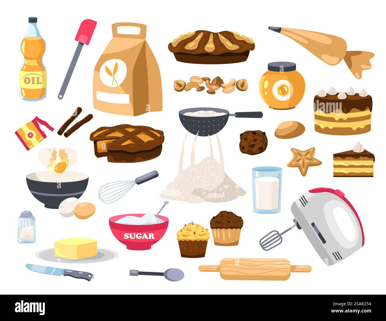 Baked food and ingredients. Cartoon sweet master class, dough doughnuts ...