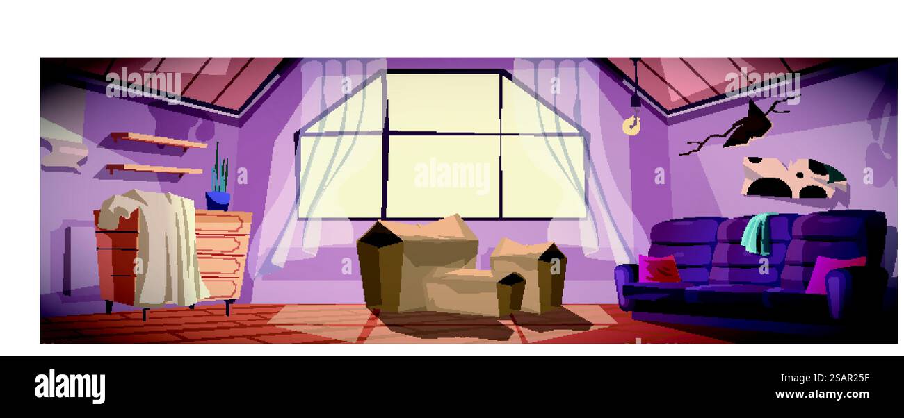 Attic dirty room background banner in flat cartoon design. Apartment ...