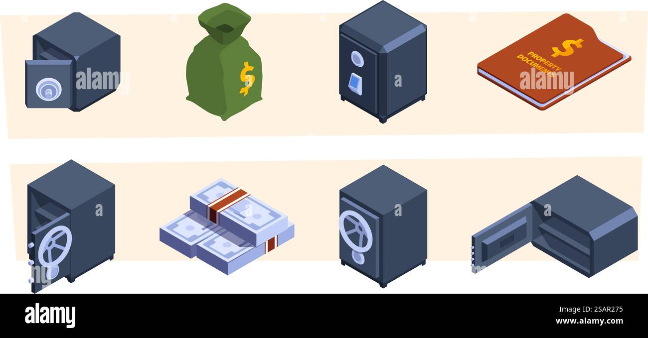 Safe deposit isometric. Steel packages and banking vault for money ...