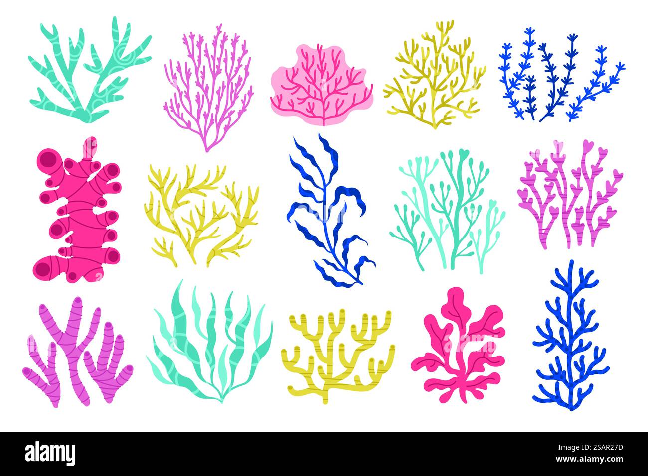 Seaweeds and algae. Cartoon colorful underwater plants, colorful exotic ...