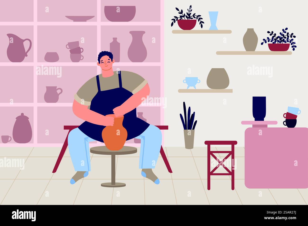 Pottery hobby, ceramic craft master. Cheerful male character making ...