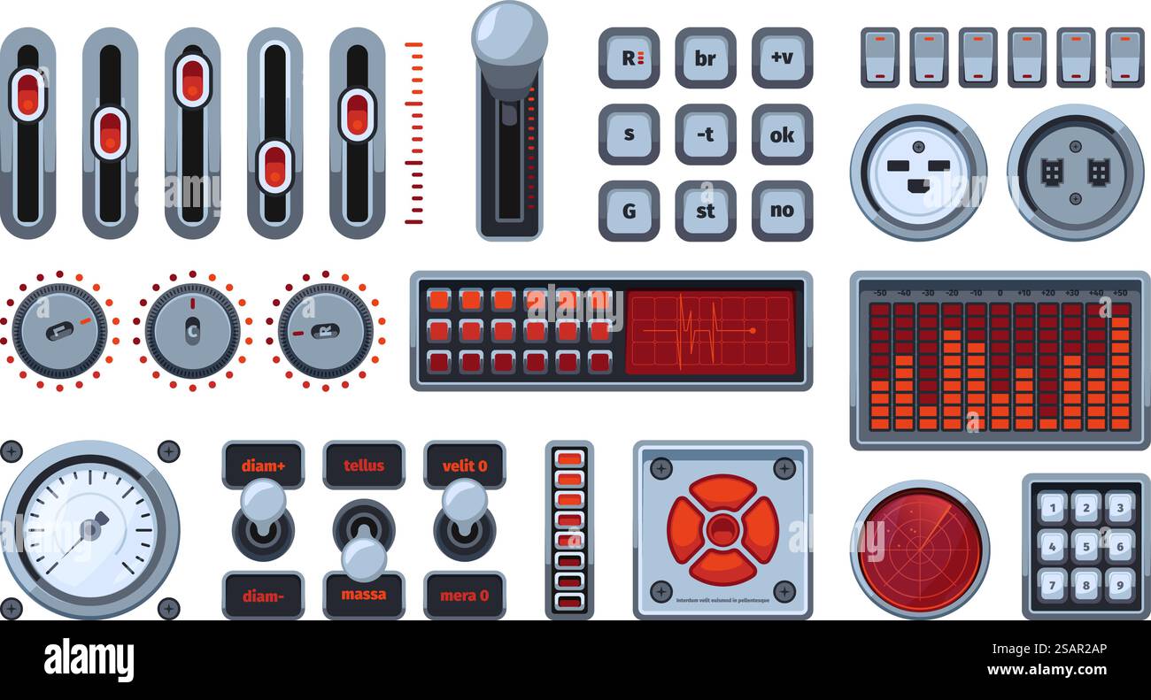 Ui elements. Control panels dashboards switches buttons frames volume ...
