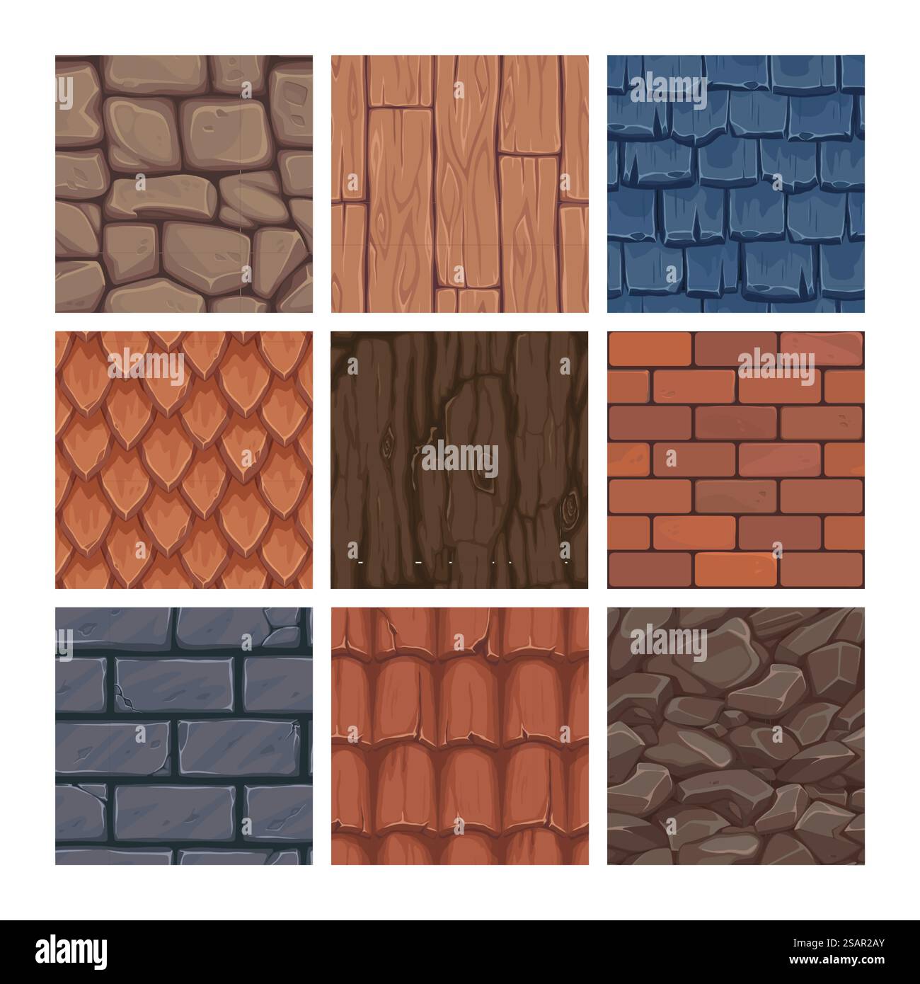 Cartoon game texture. Roof and wall backgrounds for gaming UI. Stone ...