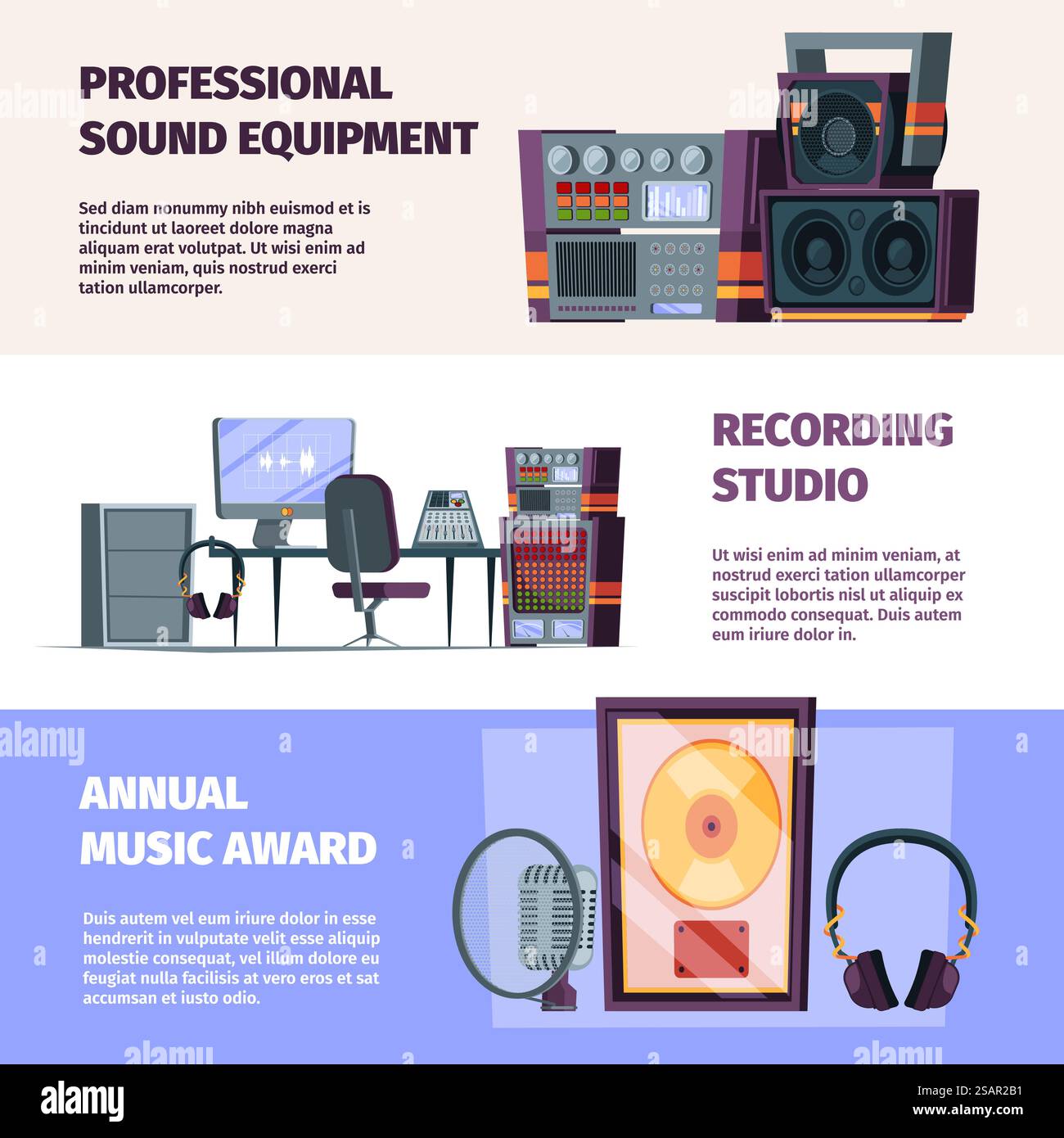 Recording studio banners. Audio workstation with mixer amplifier ...