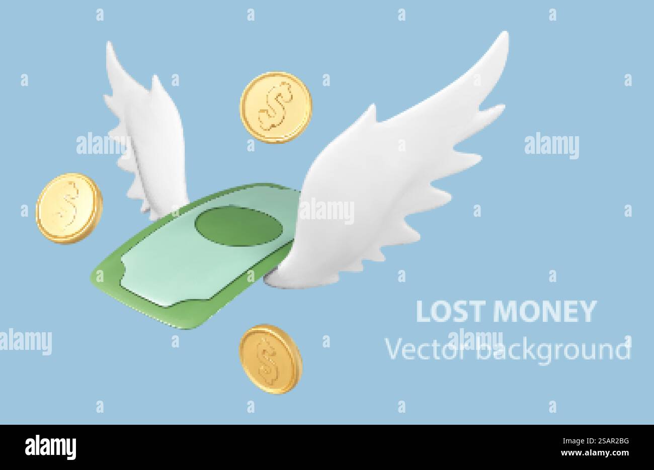 3D dollar bill with white wings and gold coins on blue background ...