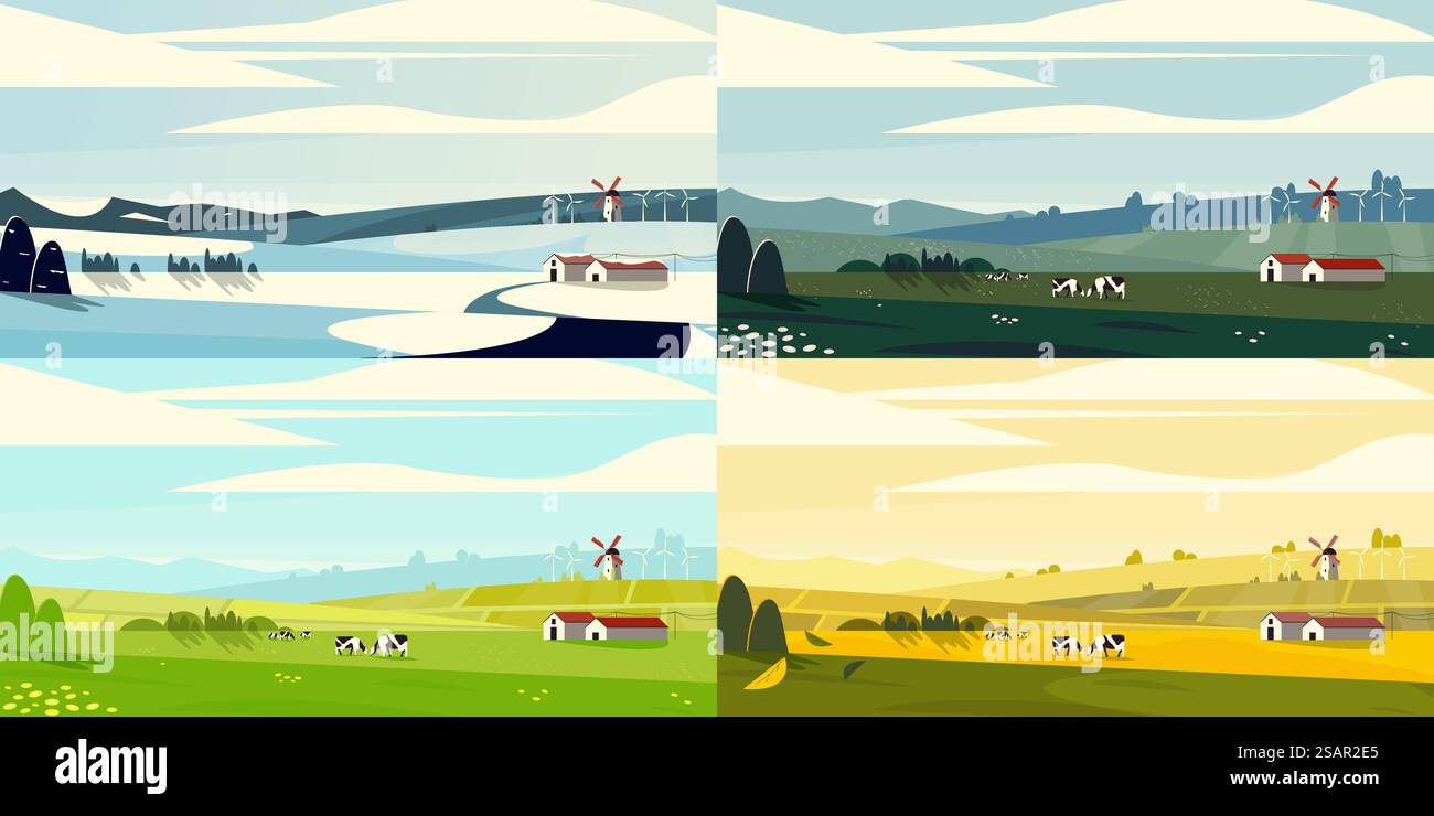 Seasonal landscape. Summer spring fall winter park with trees, flowers ...