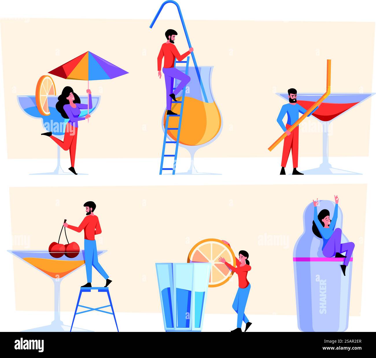 Making cocktails. Characters preparing liquor alcoholic summer cocktail ...