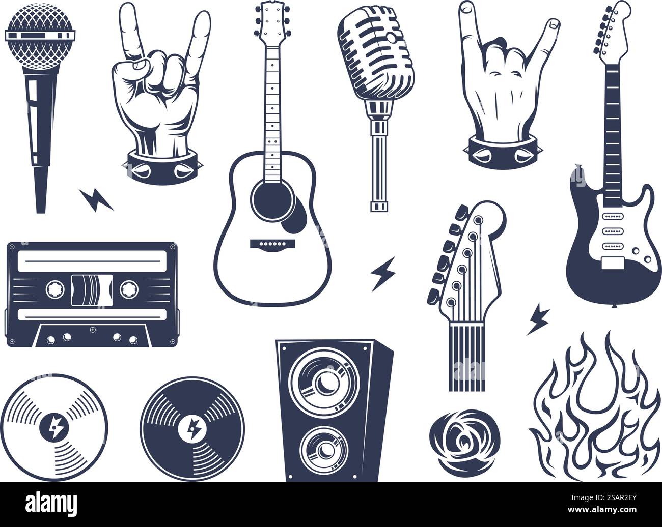 Music rock emblem. Guitar microphones wings headphones fire exact ...