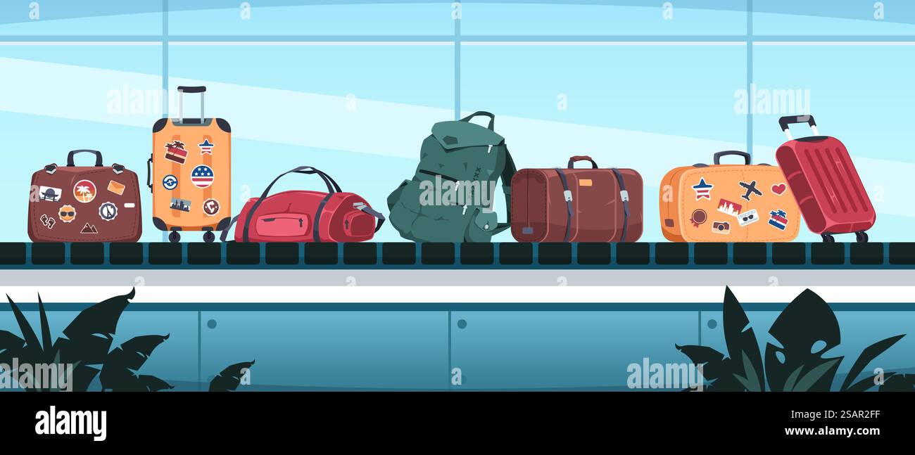 Luggage in airport. Cartoon security check baggage conveyor system ...