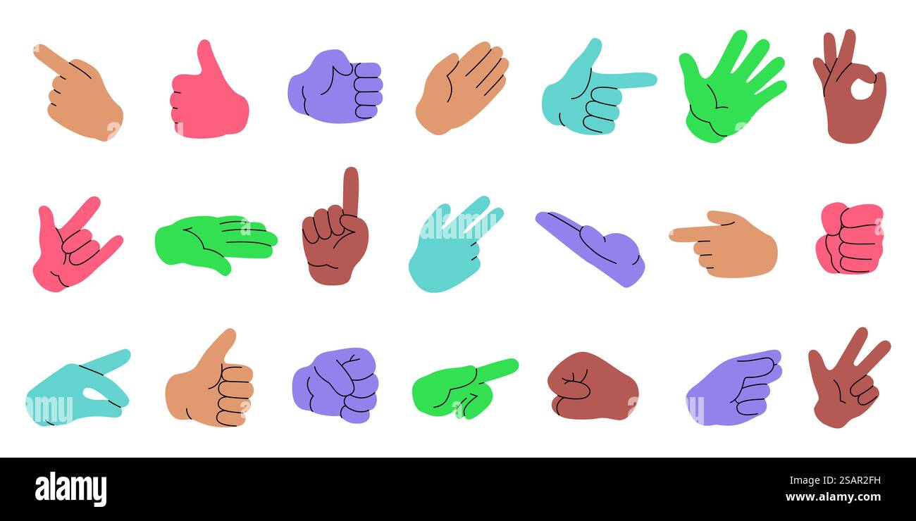 Colorful hands collection. Human arm and hand gestures, people gestures ...