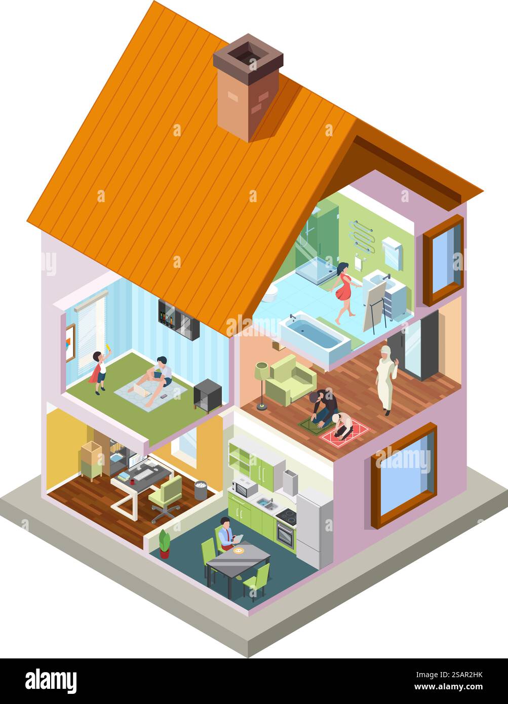 Building with neighbors. Multistory building various stages with people ...