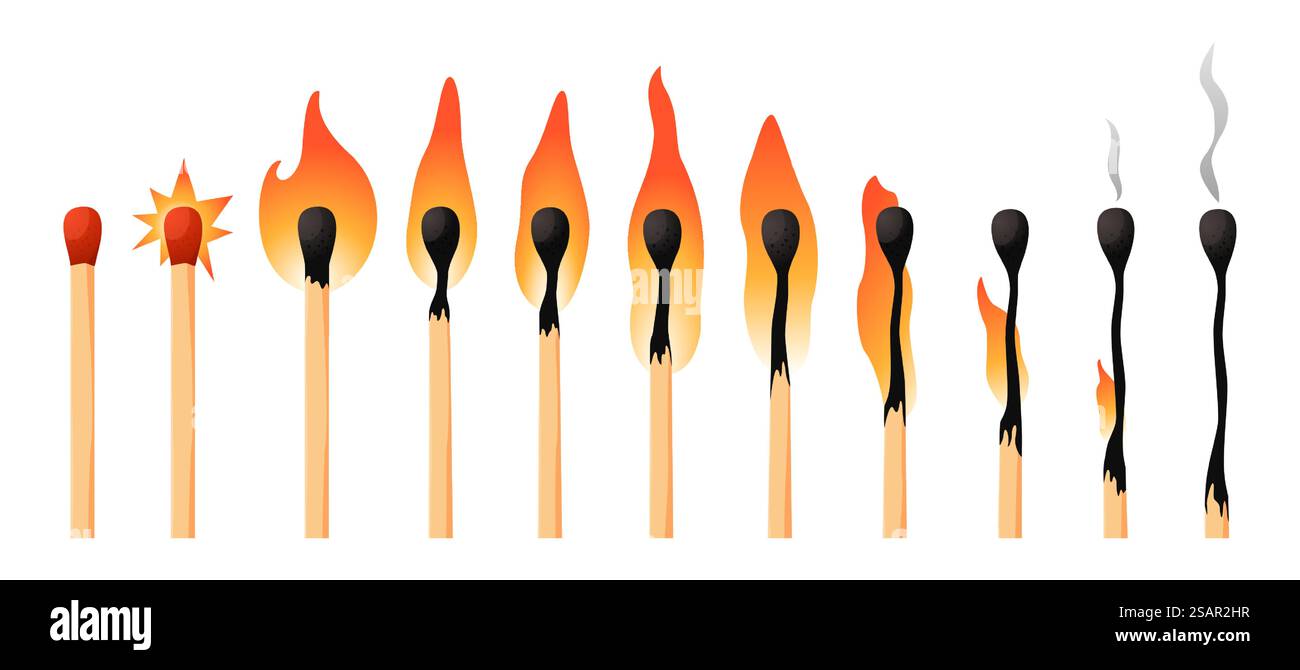 Burning match animation kit. Wood whole matchstick with flammable ...