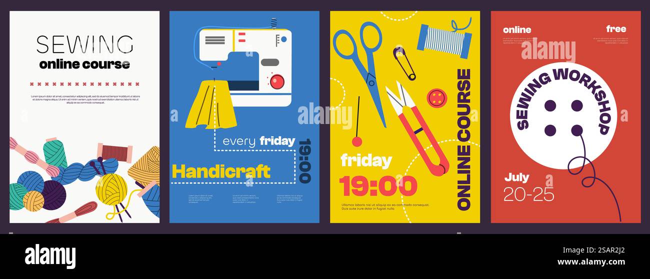 Sewing course flyer. Beginners sewing course sketch with tools and ...