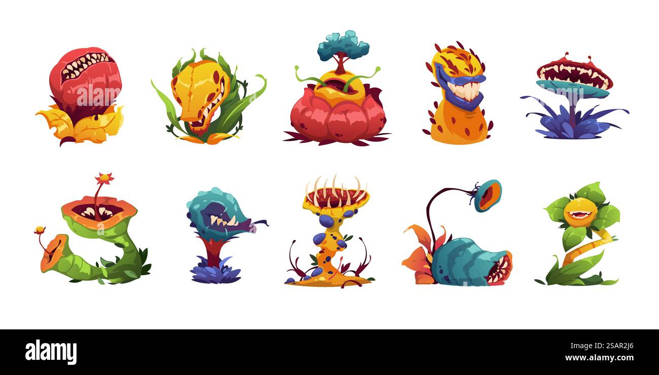 Carnivorous plant. Cartoon monster plants with teeth and tongue, toxic ...